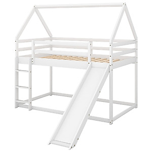 Harper & Bright Designs Twin Over Twin Low Bunk Bed with Slide, Solid Wood House Bunk Bed for Kids Girls Boys (White)