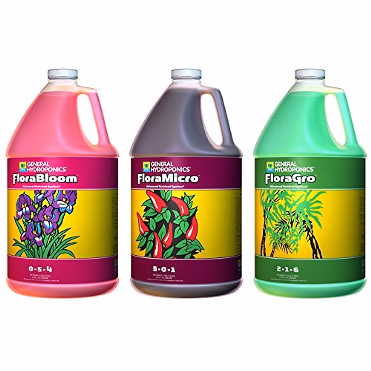 General Hydroponics Flora Grow, Bloom, Micro Combo Fertilizer, 1 gallon each, Pack of 3