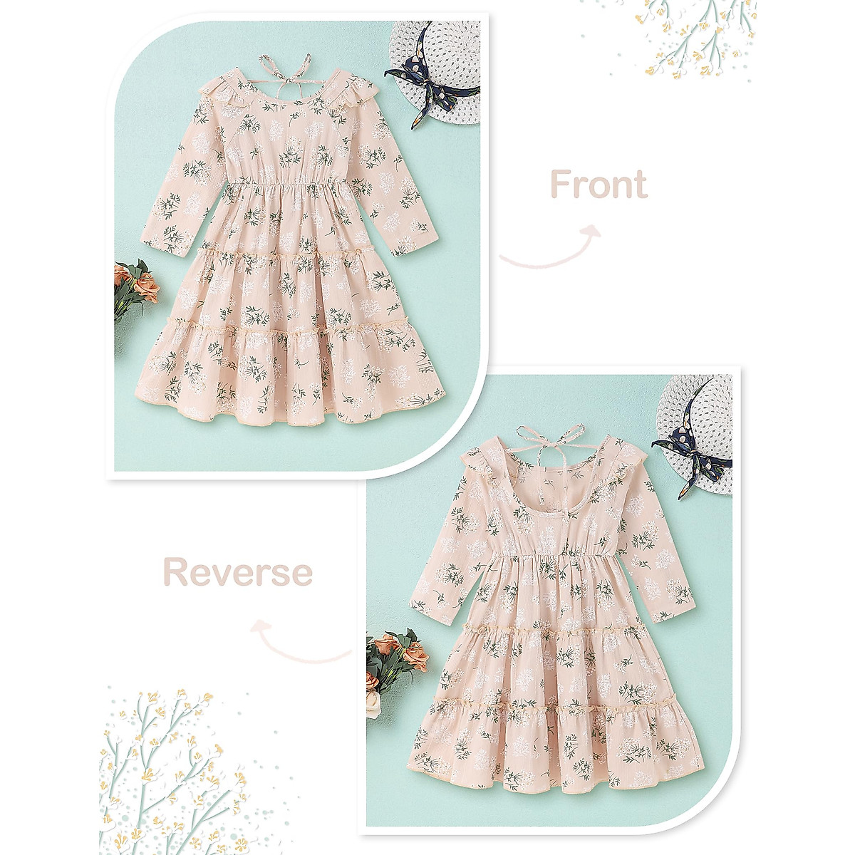 Hipea Toddler Girl Dress Long Sleeve Floral Dress Up Casual Round Neck Back Tie Ruffles Little Girls Fall Dresses 3-4T