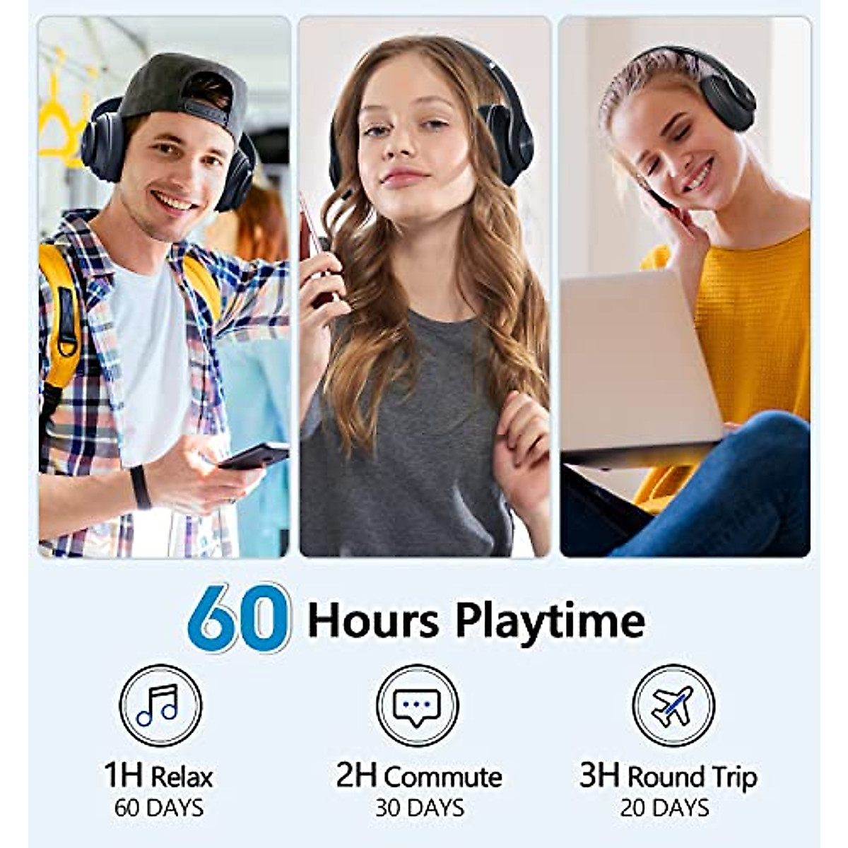 Tuitager Bluetooth Headphones Over-Ear, 60 Hours Playtime Foldable Lightweight Wireless Headphones Hi-Fi Stereo with 6 EQ Modes, Bass Adjustable Headset with Built-in HD Mic, FM, SD/TF for PC/Home