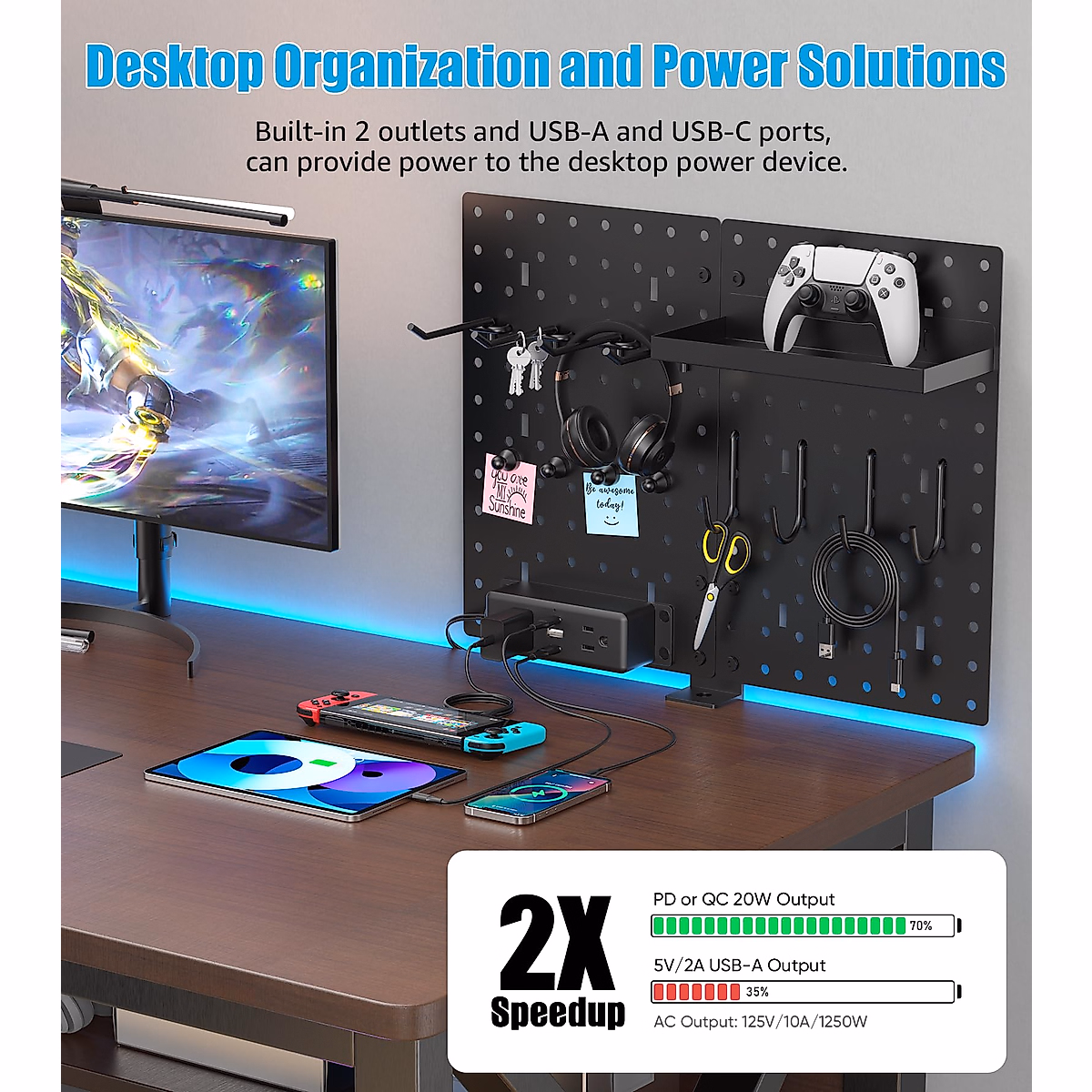 CCCEI Desk Organizer and Storage Pegboard with Charging Station, Gaming Standing Office Supplies Shelf Accessorie, Black Desktop Clamp Peg Board Privacy Organization Panel. Gifts for Men, 6FT.