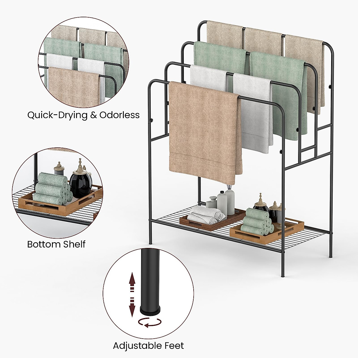 WeGXY 44" Extra Large Free Standing Towel Rack - 4 Tier Outdoor Pool Towel Holder, Versatile Blanket and Quilt Rack Stand for Living Room, Bathroom, Bedroom, Beach, Hot Tub, Gym and Pool Area Outside