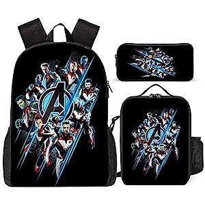 Jxcbnzu Avengers Backpack Set, Boys School Backpack Three-Piece Set with Lunch Box, Pencil Case