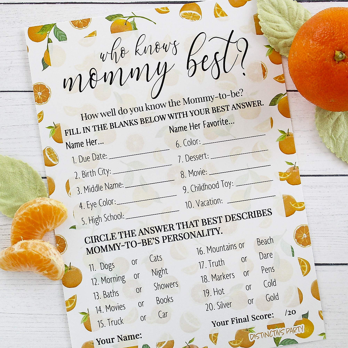 DISTINCTIVS Orange Little Cutie Baby Shower Game, Who Knows Mommy Best Game Cards - 20 Count