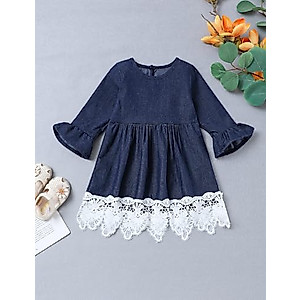 itkidboy Toddler Baby Girl Clothes Long Sleeve Dress Ruffle Denim Skirt Lace Hem Princess Party Dress Outfits Set 2-3T Blue