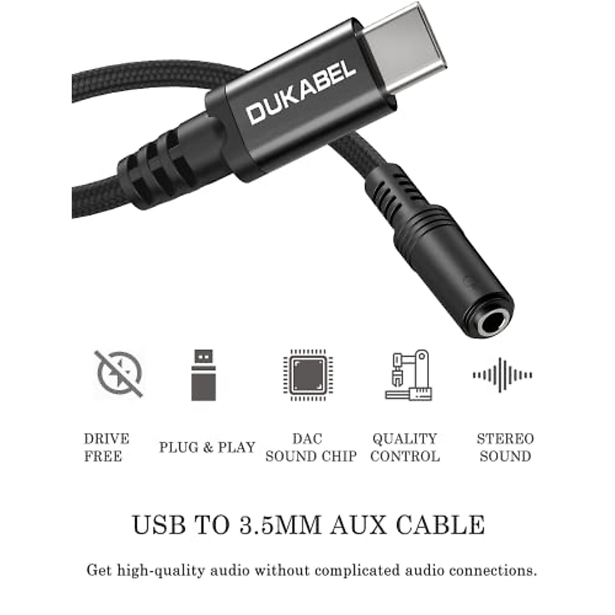DUKABEL Type C to Aux Adapter, USB-C to Audio Jack with Upgraded DAC Chip for Samsung Galaxy S22 S21 S20 Ultra S20+ Note 20 Google Pixel 6 Pro/5/4/3/2 OnePlus 7T and More