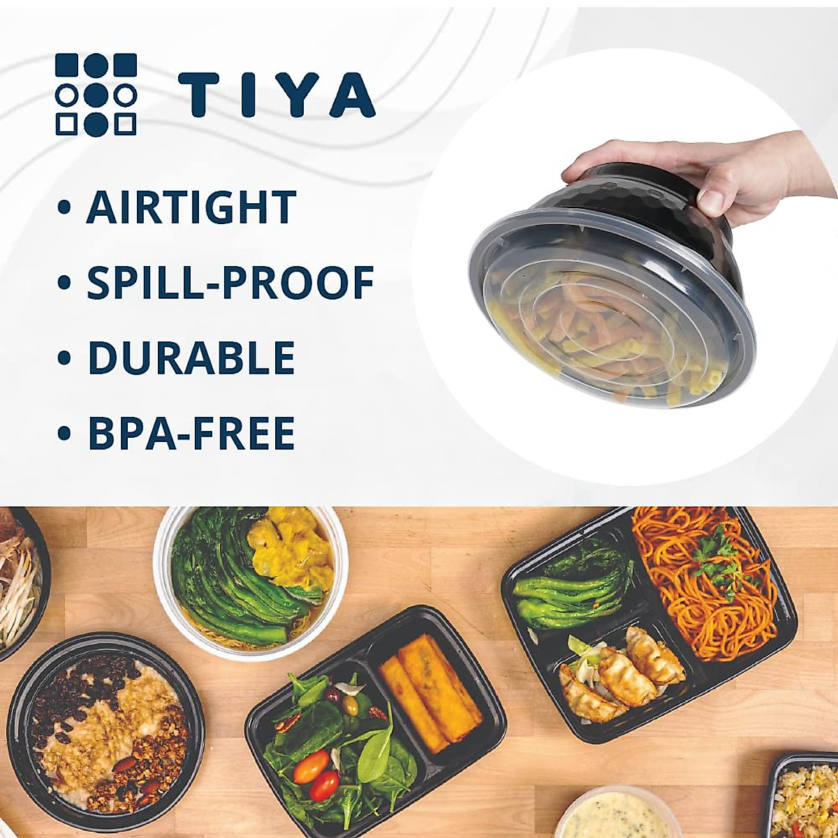 TIYA Takeout Food Containers - 50 oz Bulk 120 Pack with Lids - Plastic Bowl Storage To-Go Containers - Reusable Microwavable Dishwasher Safe Restaurant Set - Leak Resistant for Soups & Meal Prep