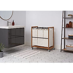 TRINITY 3-Bag Bamboo Laundry Cart, Laundry-Room Organization and Dirty Clothes Hamper with Wheels for Bedroom, Closet, Dorm Room and More, Bronze Poles