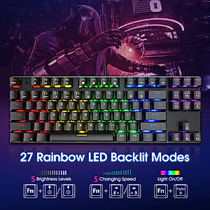 Mechanical Gaming Keyboard, Customizable Rainbow LED Backlit USB Wired Keyboard with Small Size/87 Keys/Multiple Colors/Detachable Keycaps/Spill Resistant,Ergonomic Keyboard for Windows