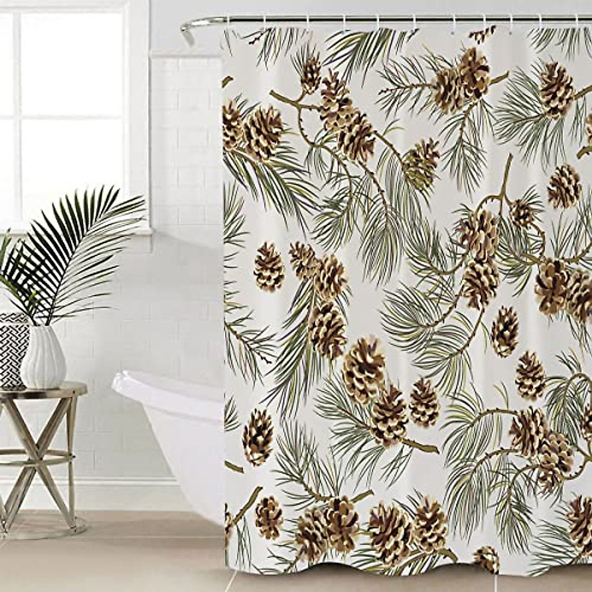 Infinidesign Shower Curtain Sets with Non-Slip Rugs Bath Mat Toilet Lid Cover and 12 Hooks Waterproof Fall Pinecone Bath Sets Autumn 4Pcs 36x72 Inch