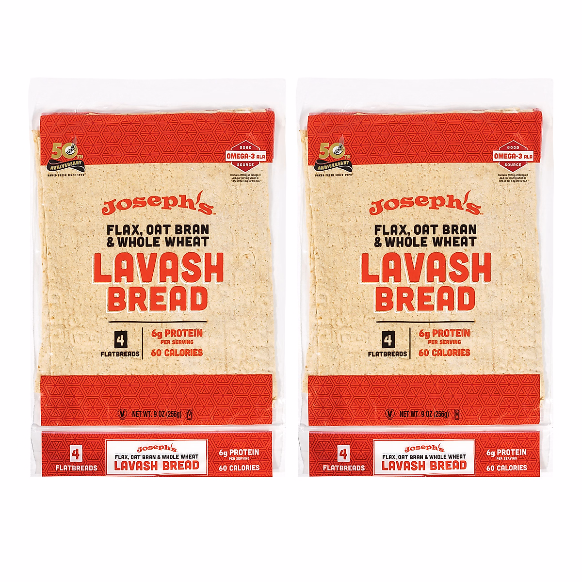 Joseph's Lavash Bread Value 2-Pack, Flax Oat Bran & Whole Wheat, Reduced Carb, Fresh Baked (4 Flatbreads per Pack, 8 Squares Total)