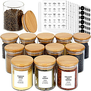JuneHeart 32 PCS Glass Spice Jars with Bamboo Lids and 194 Waterproof Labels, 4oz Clear Food Storage Containers for Kitchen Sugar Salt Coffee Beans