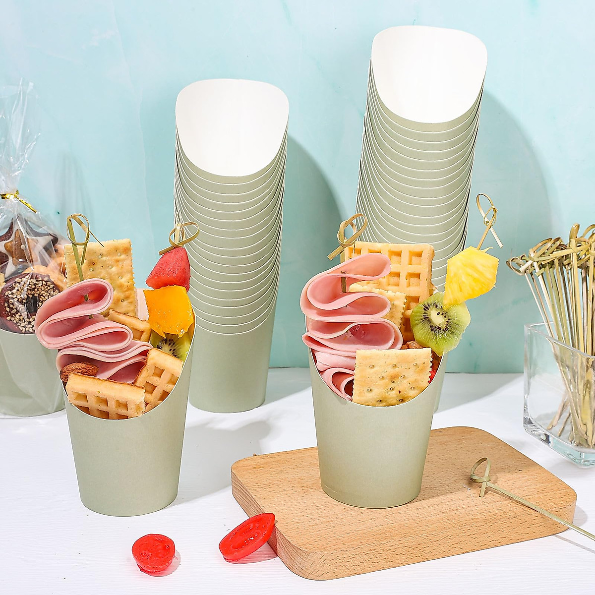 Whaline 50Pcs Sage Green Charcuterie Cups with Bamboo Sticks Plastic Treat Goodie Bags Gold Twist Ties 14oz Disposable Paper French Fries Cup Holder for Home Kitchen Baby Shower Birthday Party Supply