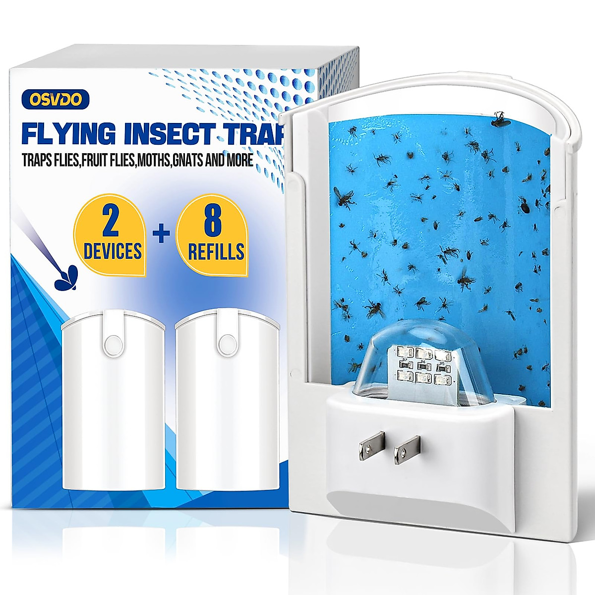 Flying Insect Trap, Indoor Plug-in Fly Trap for Home, Mosquito Killer Indoor Gnat Moth Catcher with Night UV Light, Mosquito Attractant Fly Bug Zapper for Home, Office (2 x Devices & 8 x Refills)