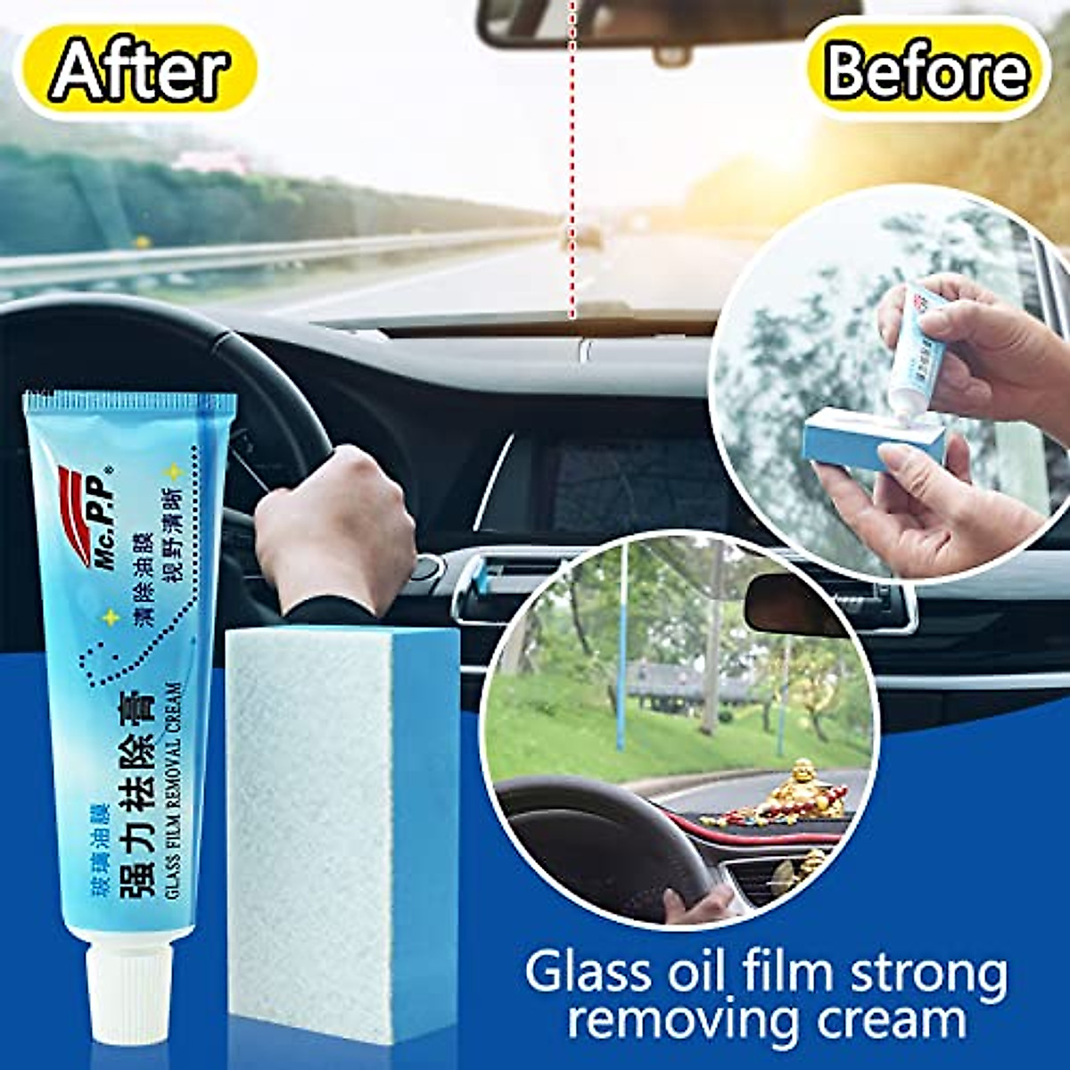 Car Glass Oil Film Cleaner - Glass Film Removal Cream with Sponge - Glass Oil Film Removing Paste - Car Windshield Oil Film Cleaner - Glass Stripper Water Spot Remover - Glass Oil Film Remover (2PCS)