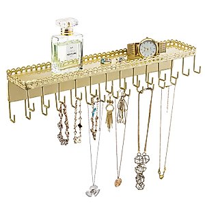 MyGift 26-Hook Gold-Tone Wall-Mounted Metal Jewelry Organizer with Display Shelf