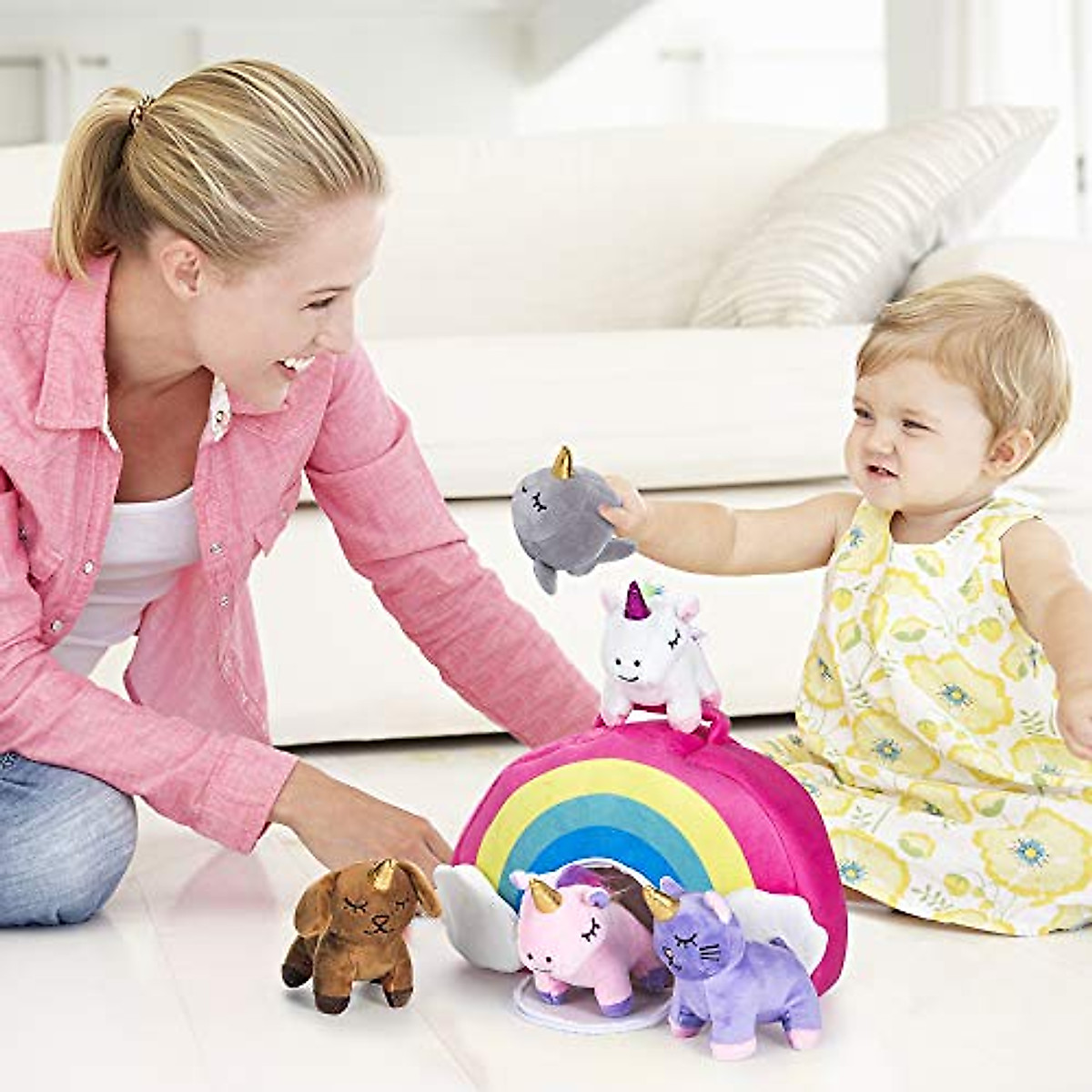 Stuffed Toy Unicorn Animal Set – Set of 5 Stuff Toys for Toddlers - with Rainbow Carry Bag - 2 Unicorns, Kitty, Puppy, and Narwhal – Toddler Gifts for Girls Age 3, 4, 5, 6, 7, 8 Year Old