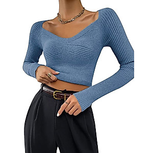Women V Neck Sexy Crop Sweater Pullover Long Sleeve Ribbed Knit Fitted Slim Casual Tops Blue