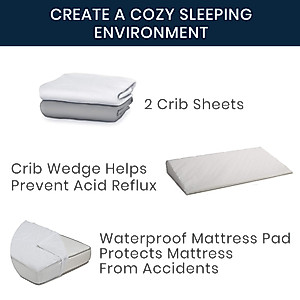 Serta 9-Piece Nursery-in-a-Box Newborn Baby Gift Set for Boys and Girls – Set Includes 2 Swaddles, Changing Pad, 2 Changing Pad Covers, 2 Crib Sheets, Crib Mattress Pad and Crib Wedge, White/Grey