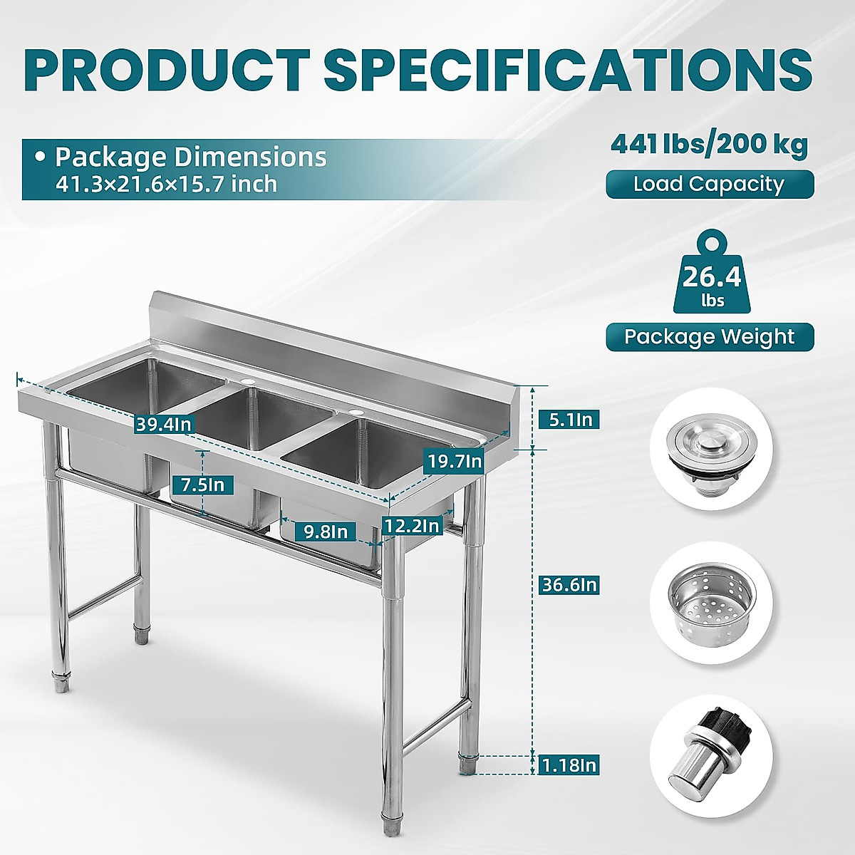 Loccdaok 3 Compartment Utility Sink Stainless Steel Commercial Kitchen Sink Free Standing Triple Bowl Laundry Room Outdoor Garage Sink for Restaurant, Kitchen, Bar, 39" x 20" Triple Bowl