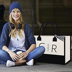 MERRYWORK Initials and Last Name Customized Embroidered Tote Bag 100% Cotton Canvas Personalized Tote Bag for Bridesmaid Anniversary Wedding Day