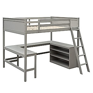 BIADNBZ Full Size Loft Bed with 2 Desks and Bookshelves,Wooden LoftBed with Guardrails and Ladder for Kids/Teens/Bedroom,Gray