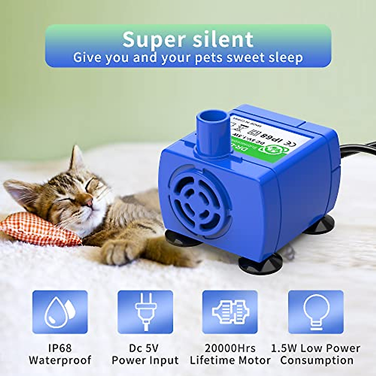 Wismika Replacement Pump for 84oz/2.5L Cat Water Fountain Ultra Quiet Long Lifespan Water Fountain Pump with 6ft USB Cable& LED Lights