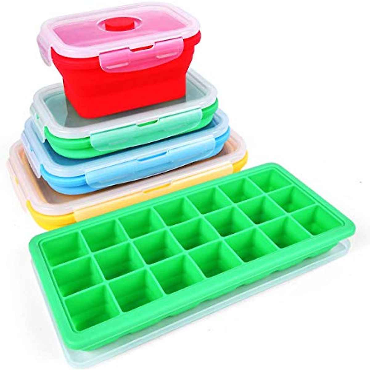 Collapsible Silicone Storage Set of 4 Plus Bonus Ice Tray - BPA Free, Microwave, Dishwasher And Freezer Safe
