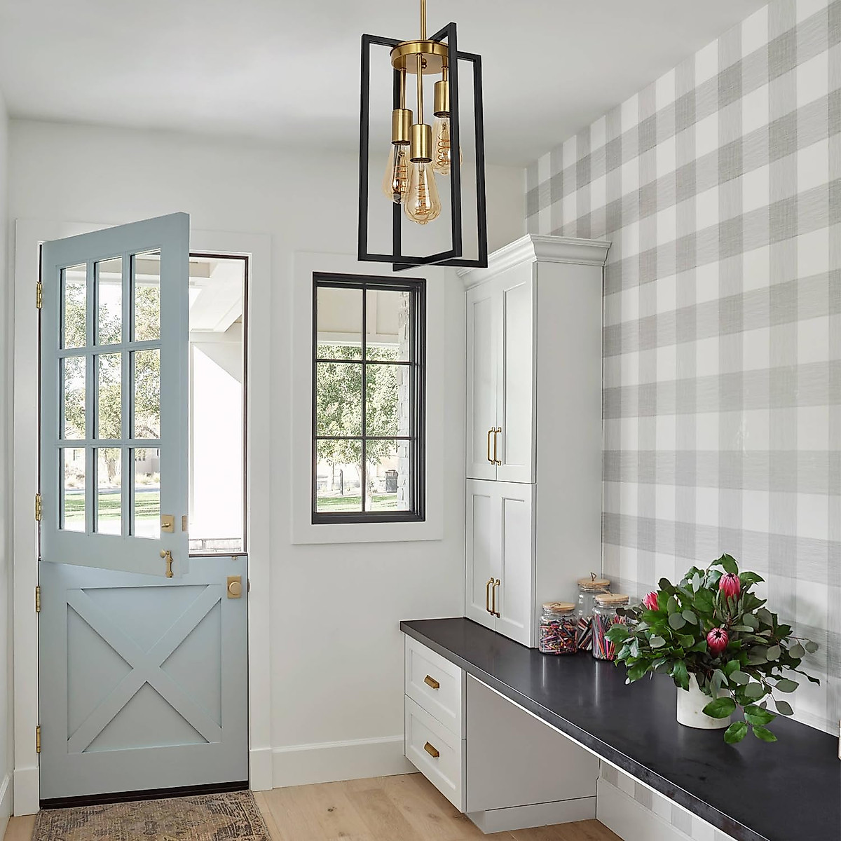 Modern Industrial Farmhouse Pendant Lighting, Rectangle Black & Brass Chandelier, Hanging Light for Kitchen Island, Dining Room, Entryway, Hallway (3-Light)