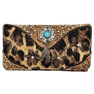 Leopard Animal Print Concealed Carry Feather Concho Country Vintage Western Trifold Crossbody Wallet (Leopard Gold)