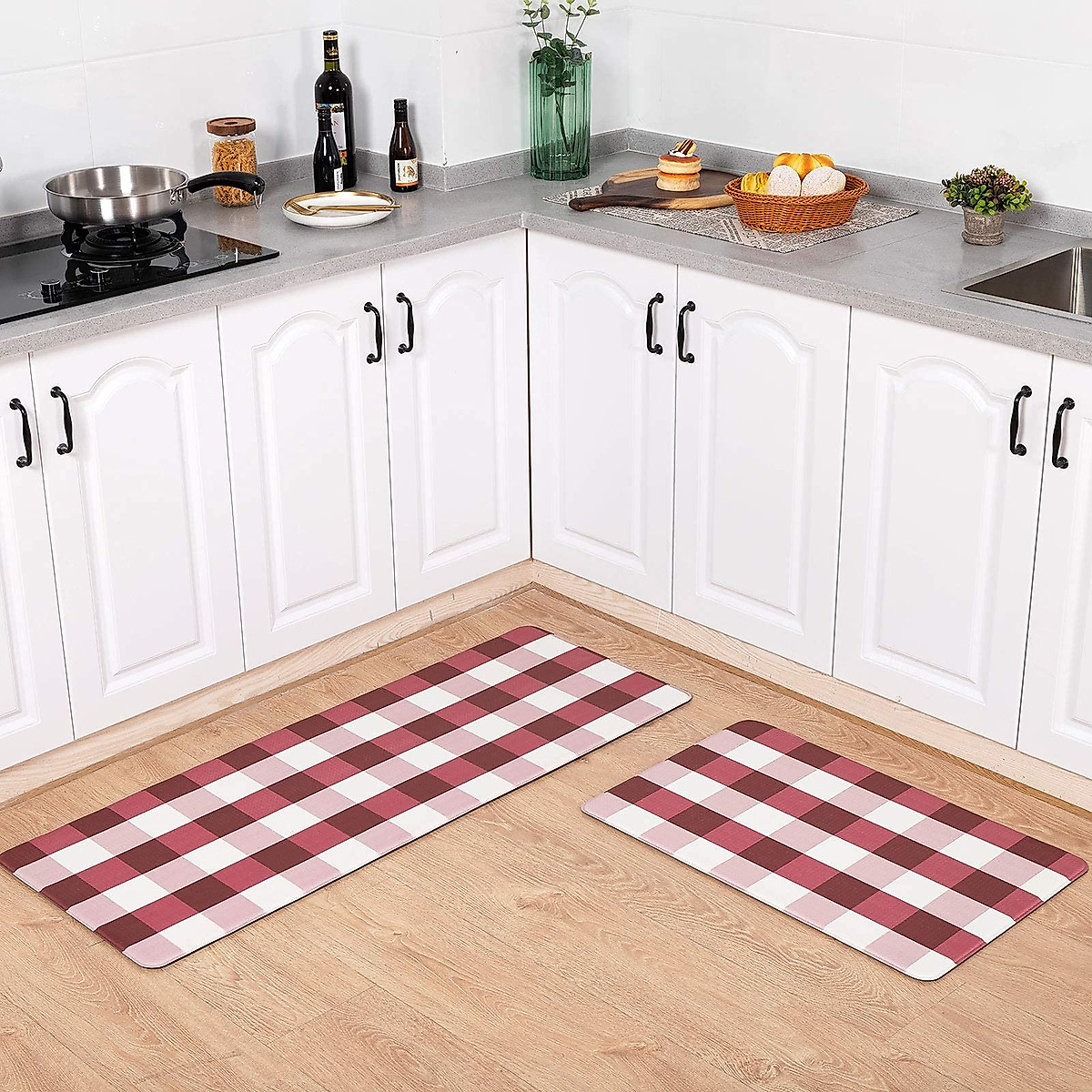 Carvapet Buffalo Plaid Kitchen Rug 2 PCS Cushioned Anti-Fatigue Kitchen Mat Waterproof Non-Slip PVC Ergonomic Comfort Standing Foam Mats for Office Laundry, Rose&White, 17.3''x27.5''+17.3''x47.2''