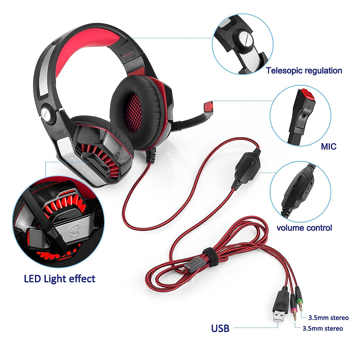 Gaming Headset with Microphone, IKOCO GM-2 3.5mm Surround Stereo Over Ear Headband Computer Gaming Headphone Noise Isolating Volume Control LED Light for PS4 PC Xbox One & Mobile Phone (Red)