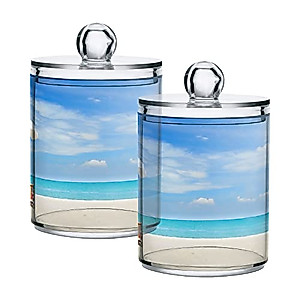 Kigai 2 Pack Qtip Dispenser Apothecary Jars Bathroom 14oz - Beautiful Beach Chairs Sun Umbrella Blue Sky Cloudy Qtip Holder Storage Canister Clear Plastic Acrylic Jar for Cotton Ball,Cotton Swab,Q-tip