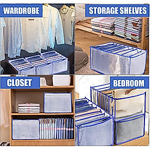 IQ Range 2PCS Jeans Organizer for Closets, Durable Drawer for Clothing, Mesh Wardrobe Organizer for Cloths, Washable Storage for Pants, Sweaters, and T-shirts (Blue, Large 9 Grids)