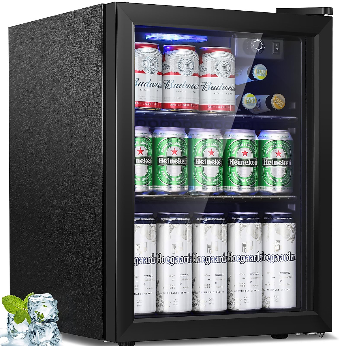 Antarctic Star Beverage Refrigerator Cooler-68 Can 16 Bottle Mini Fridge for Soda Beer Wine Champagne,Glass Door, Drink Dispenser, Knob Control,for Home and Bar,1.7Cu.Ft,Black…