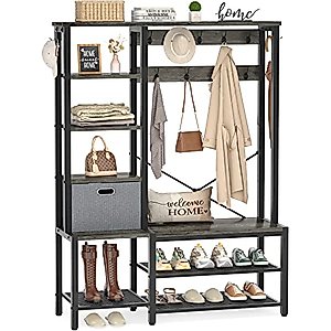 Aheaplus Hall Tree with Storage Bench, Coat Rack, 5-Tier Shelves, Fabric Storage Basket, Side hooks, Industrial 5 in 1 Large Organizer, 72 inch,Wood Look Accent Furniture-Sturdy Metal Frame, Black Oak
