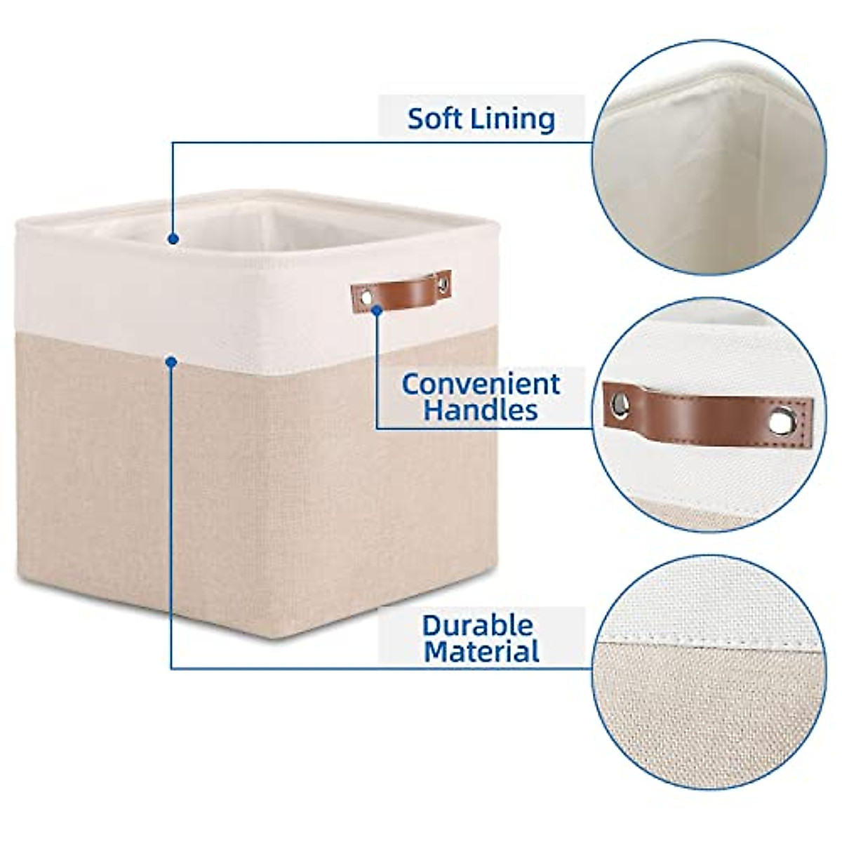 Temary Cube Storage Bins Storage Basket for Shelves Fabric Storage Cubes Closet Baskets for Cube Storage with Leather Handles, Cloth Bins for Home and Office (White & Khaki, 13x13x13 Inch)