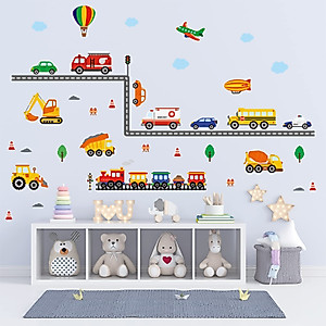 DECOWALL DS-8047 Transports Wall Decals Stickers Kids Peel and Stick Removable Nursery Bedroom Living Construction Boys Childrens Toddler car d?cor playroom playroom Vehicles Truck City Road Baby