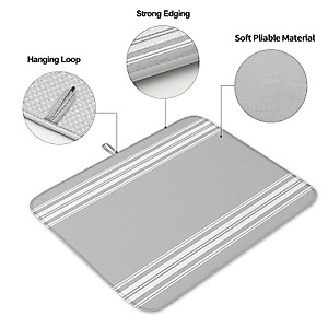 Grey White Stripes Dish Drying Mat for Kitchen Counter, Modern Abstract Country Geometric Line Art Absorbent Reversible Dish Drainer Rack Mats for Coffee Bar Mats 16''x18'' 1 PCS