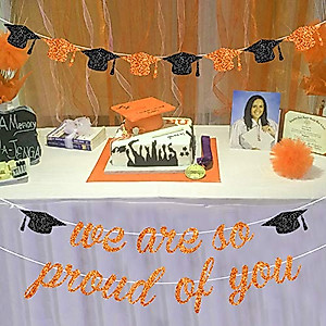 Orange We are So Proud of You Banner Glitter Orange and Black Grad Cap Garland for 2023 Senior High School College Graduation Grad Party Supplies
