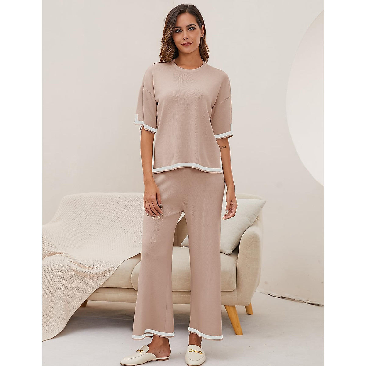 Wyeysyt Women Lounge Sets 2 Piece Sweater Knit Short Sleeve Pullover Tops Wide Leg Pants Elastic Waist Sweatsuits(Khaki-M)