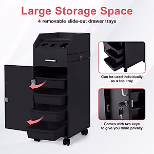 Winado Hair Salon Storage Cart with Wheels & 3 Hair Dryer Holders & 4 Drawers & Lock & 2 Keys, Hairdressing Tools Station Mobile Makeup Case, SPA Utility Trolley (Black)