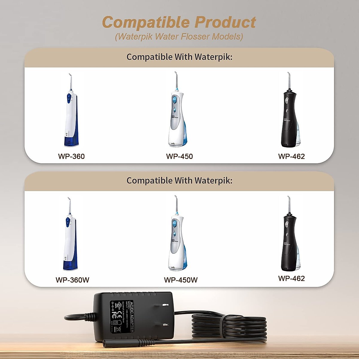 Replacement for Waterpik Charger Compatible with WP360 WP360W WP462 WP462W WP450 WP450W Power Cord 【Two Prong Adapter】