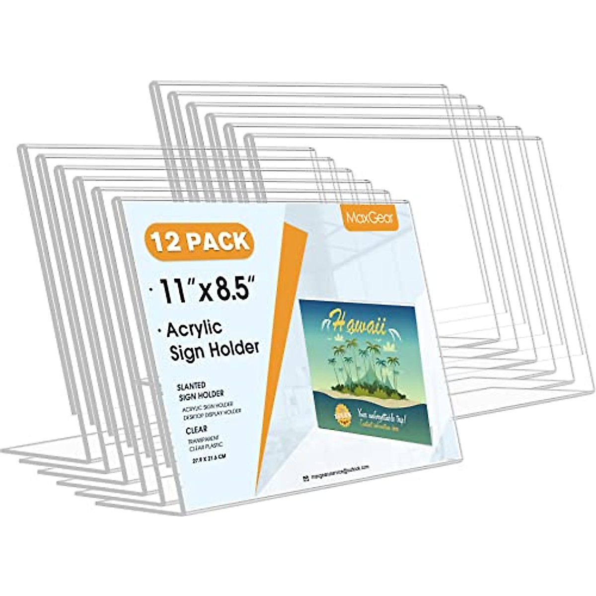 MaxGear Acrylic Sign Holder 8.5x11 inches 12 Pack, Horizontal Sign Holders Clear Paper Display Stand, Slant Back Flyer Frames Table Top Menu Document Holder for Office, Store, Restaurants - Landscape