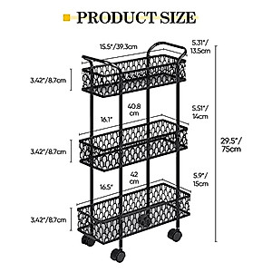 Slim Rolling Storage Cart, 3 Tier Bathroom Organizer Mobile Shelving Unit, Mobile Shelving Unit Cart with Handle and Lockable Wheels for Bathroom,Laundry,Living Room,Kitchen (Black)