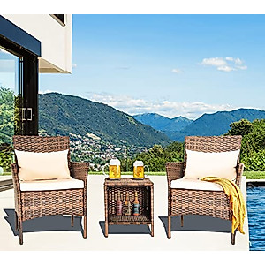 Tappio 3 Pieces Patio Furniture Set Outdoor Bistro Sets All Weather Patio Conversation Sets PE Rattan Wicker Chairs with Cushions and Pillows Beige