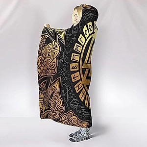 Norse Mythology 3D Printed Hooded Blanket Warm Soft Valhalla Celtic Knot Rune Unisex Winter Wearable Hooded Blanket Double Thick Plush Wool Blanket Cape ( Color : Blanket , Size : 80x60in/150x200cm )