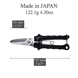 CANARY Metal Cutting Scissors with Wire Cutter 7.6" [Straight], Made in JAPAN, All-Purpose Heavy Duty Hand Shears, Japanese Stainless Steel Blade, Spring Loaded Handle, Black