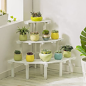 MoNiBloom 3 Tier Corner Stair Plant Stand, Bamboo Quarter Round Plant Display Holder Stair-Step Shelf Multifunctional Plant Support for Indoor Outdoor, White