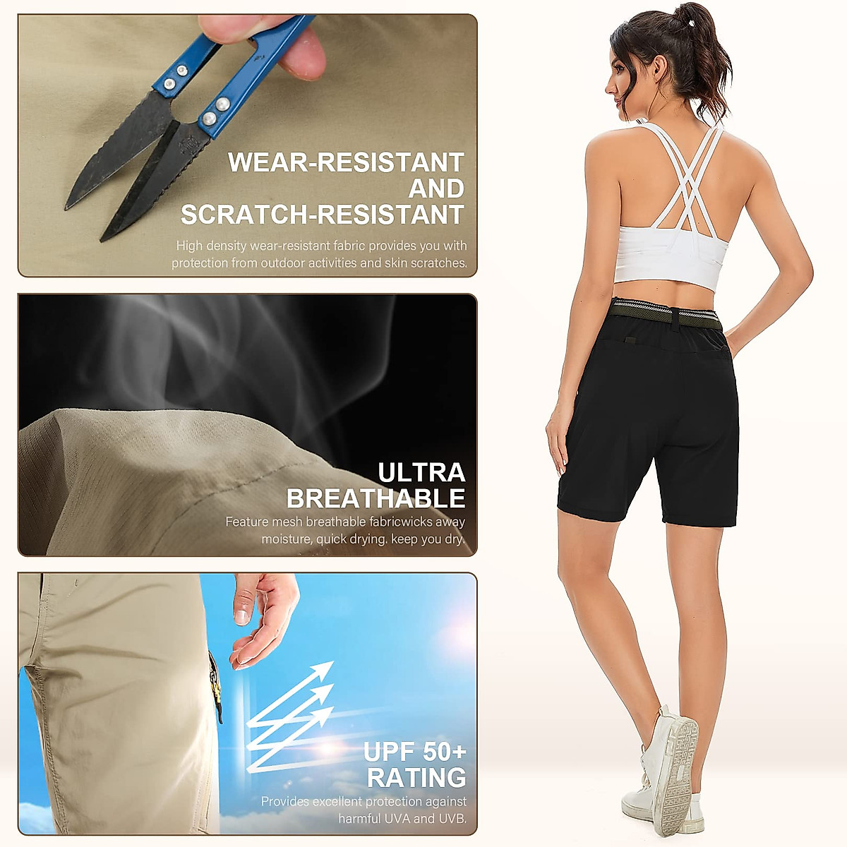 Jessie Kidden Womens Stretch Cargo Hiking Shorts Quick Dry Elastic Waist 7" Casual Shorts for Women Black